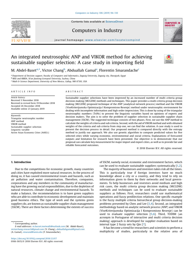 An Integrated Neutrosophic ANP and VIKOR Method For Achieving Sustainable Supplier Selection - A ...