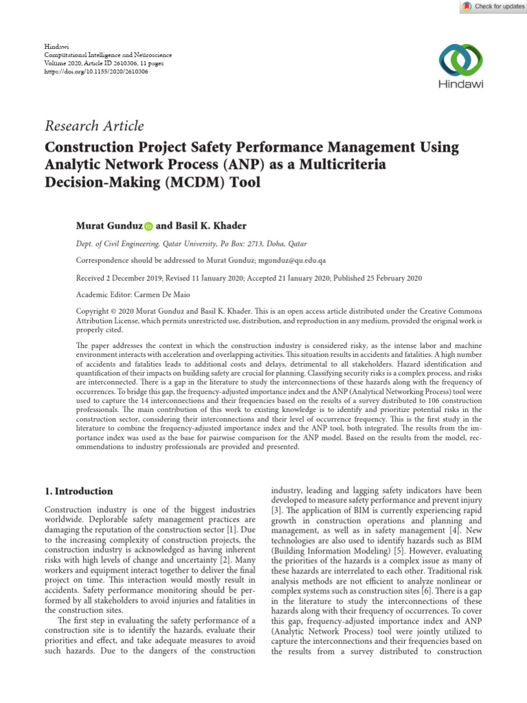 Construction Project Safety Performance Management Using Analytic Network Process (ANP) As A ...