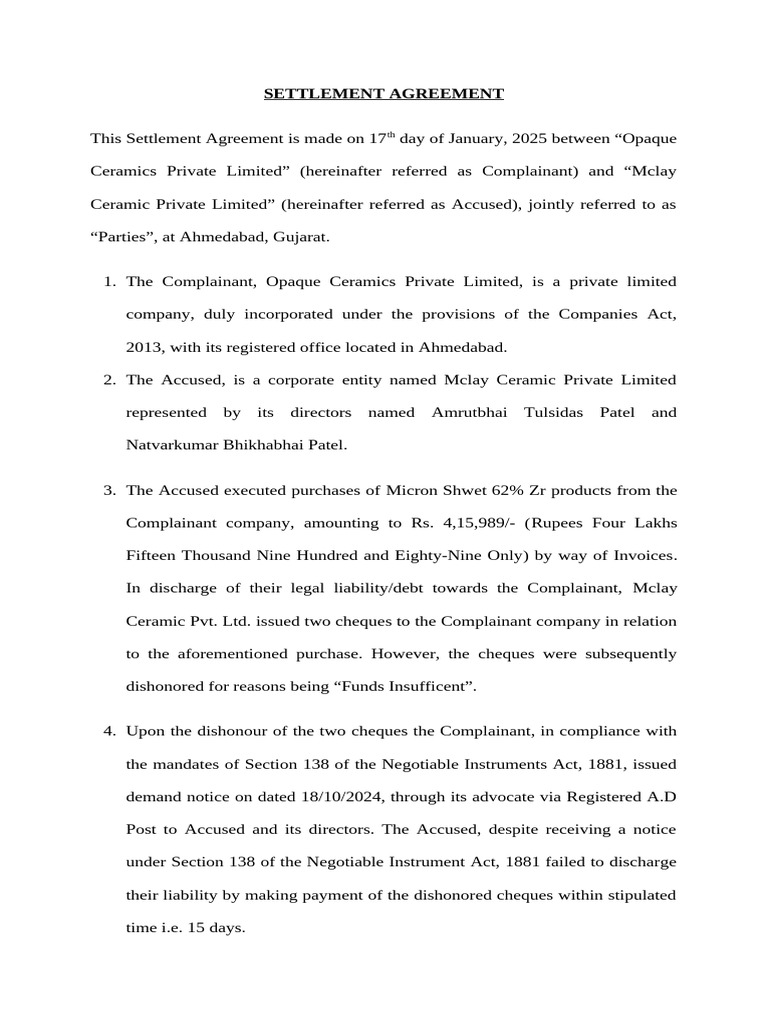 R-409 Settlement Agreement | PDF | Cheque | Negotiable Instrument