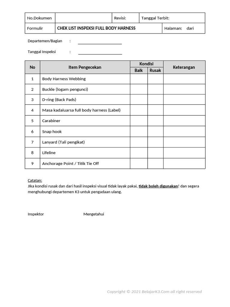 Form Check List Inspeksi Full Body Harness | PDF