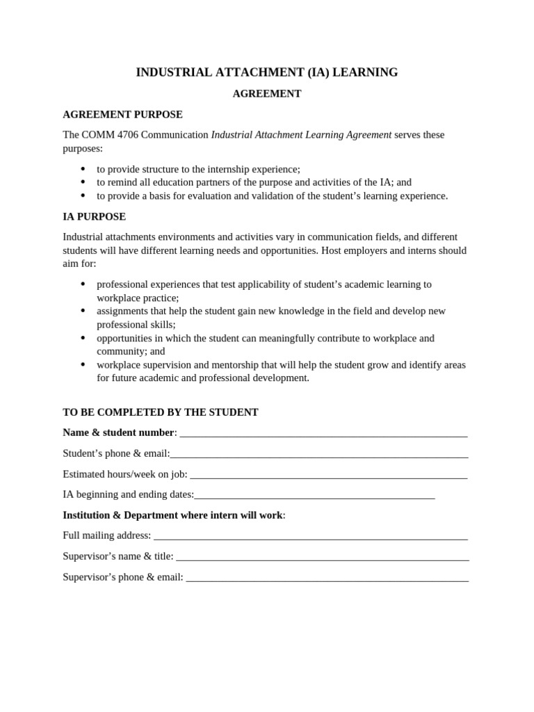 Industrial Attachment Learning Agreement Form | PDF | Internship | Job ...