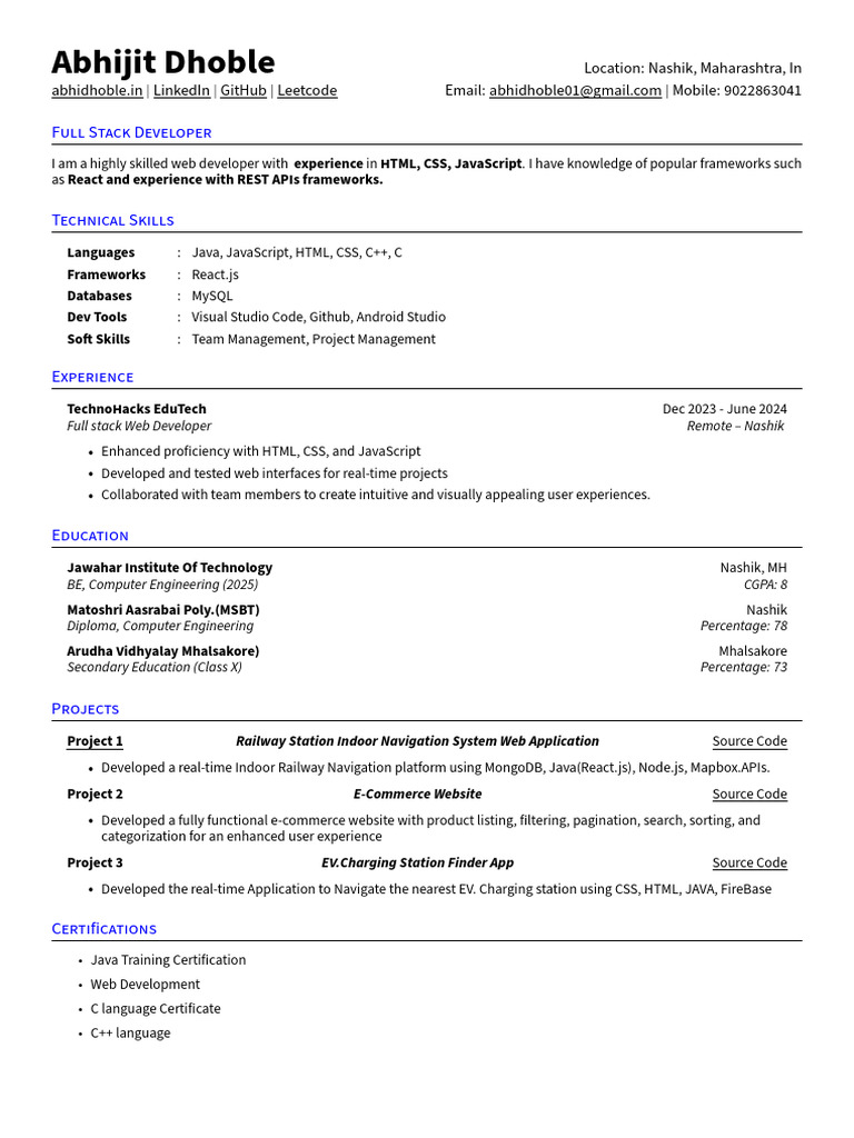 Resume Template Pdf Java Script Websites