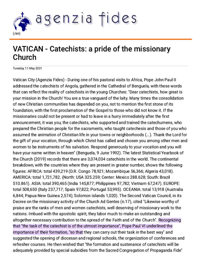VATICAN - Catechists - A Pride of The Missionary Church - Agenzia Fides ...