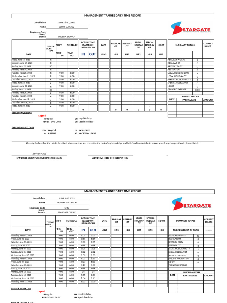DTR-June-16-30-CUT-OFF | PDF | Per Diem | Employee Relations