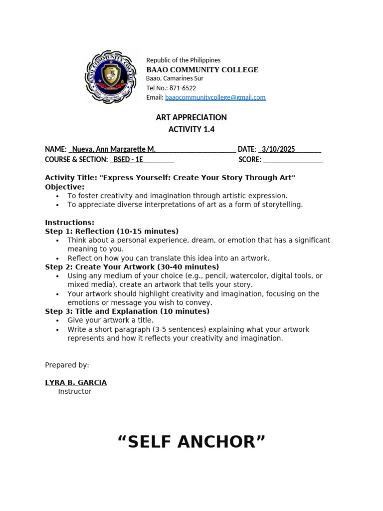 Art App. Activity 1.4 Creativity Imagination Expression | PDF