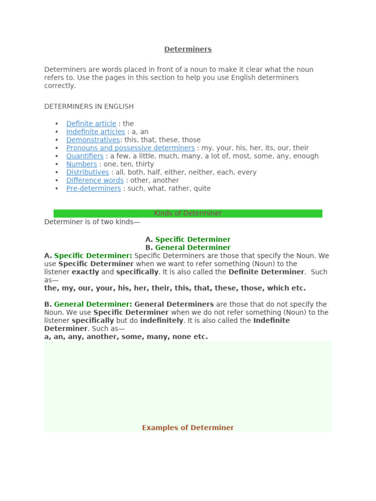 Determiners - Kinds - and - Exercise - GR 9 | PDF | Syntactic Relationships | Semiotics