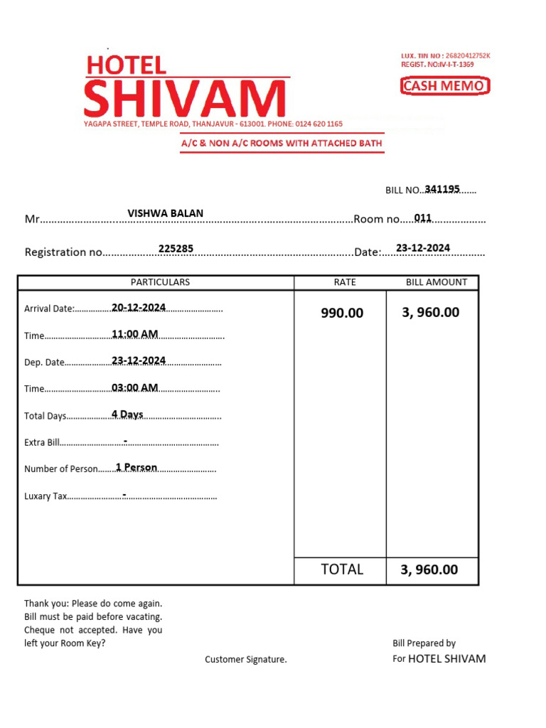 Hotel Shivam Bill Receipt Template | PDF