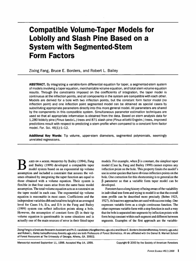 Compatible Volume-Taper Models For Loblolly and Slash Pine Based On A ...