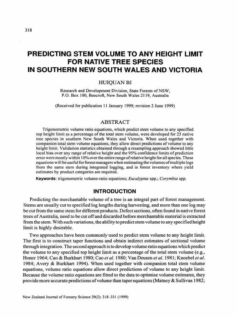 Predicting Stem Volume To Any Height Limit For Native Tree Species In Southern New South Wales