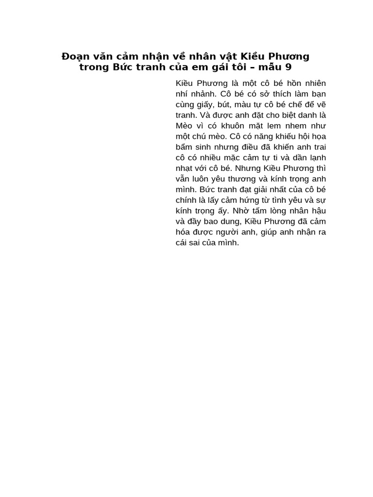 Đoạn Văn Cảm Nhận Về Nhân Vật Kiều Phương Trong Bức Tranh Của Em Gái Tô3 | PDF