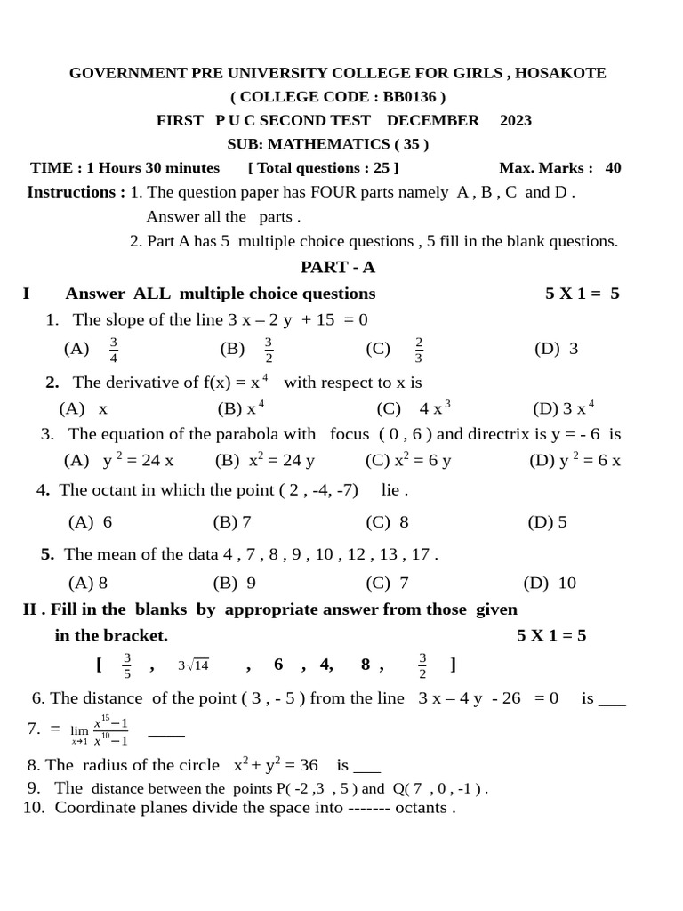 1PU MODEL PAPER 2TEST | PDF | Analytic Geometry | Geometry