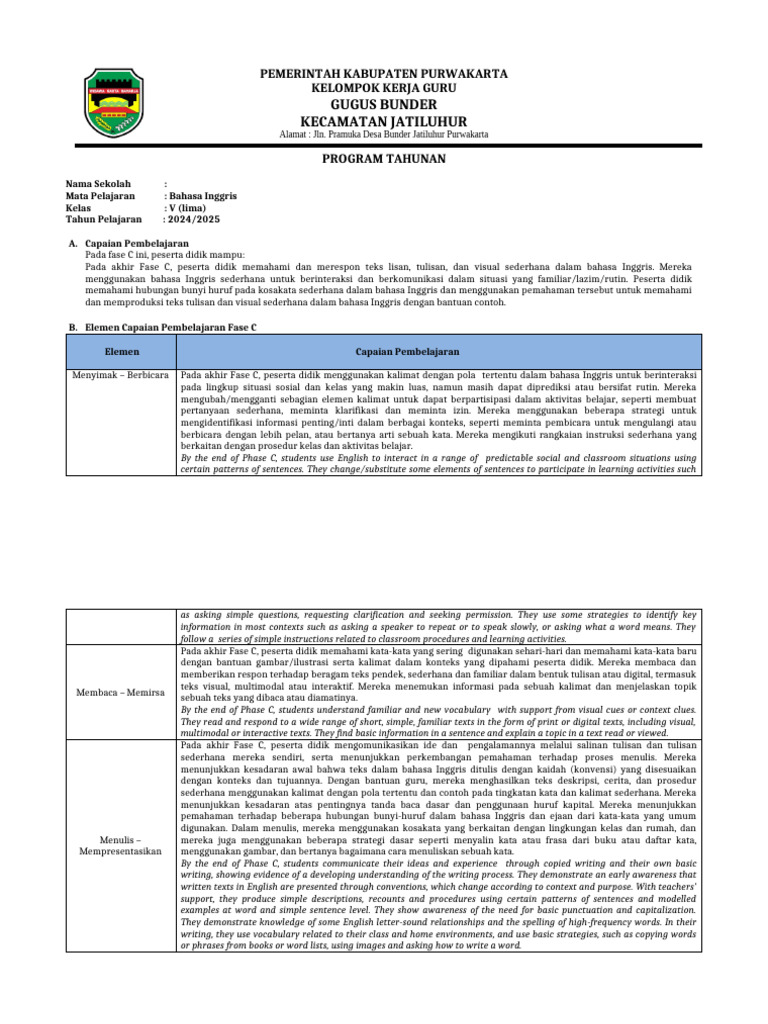 Prota B Inggris Kelas 5 | PDF
