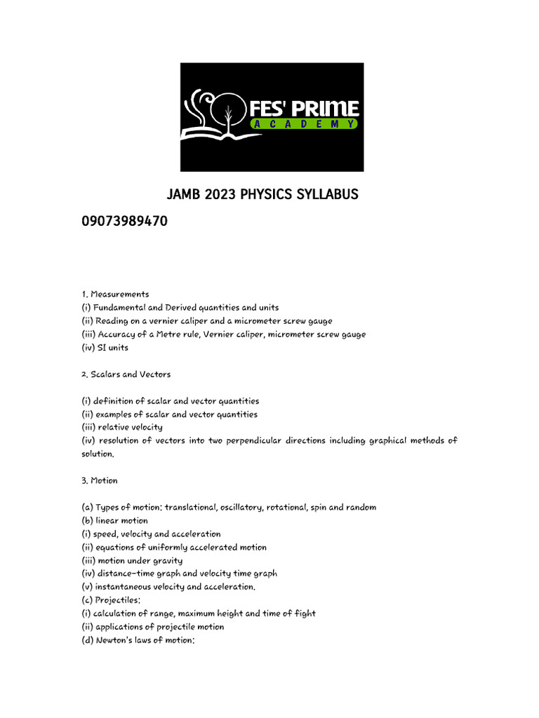 Physics 2023 Jamb Syllabus | PDF | Waves | Acceleration