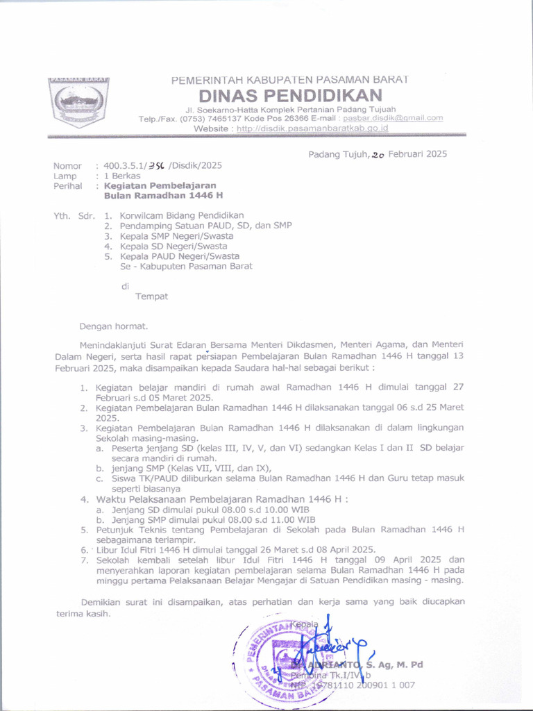 Edaran Pembelajaran Bulan Ramadhan Tahun 2025 | PDF