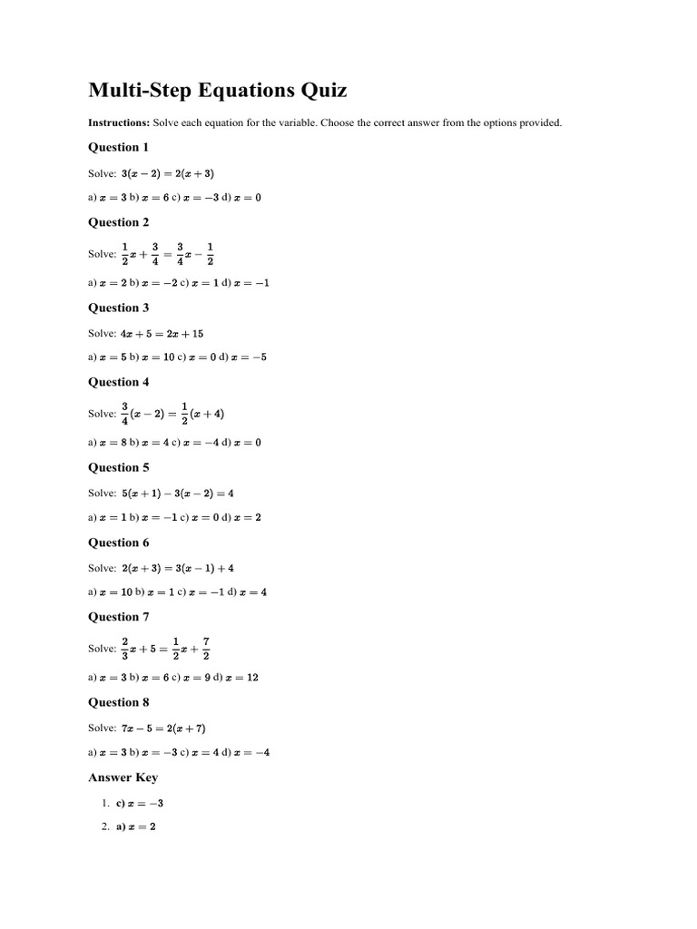 Multi-Step Equations Quiz | PDF