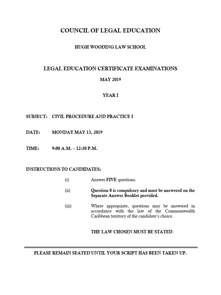 Civil Procedure Exam Paper - May 2019 | PDF | Justice | Crime & Violence