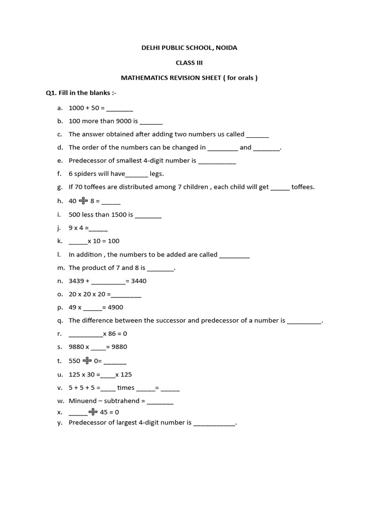 MATHEMATICS REVISION WORKSHEET | PDF