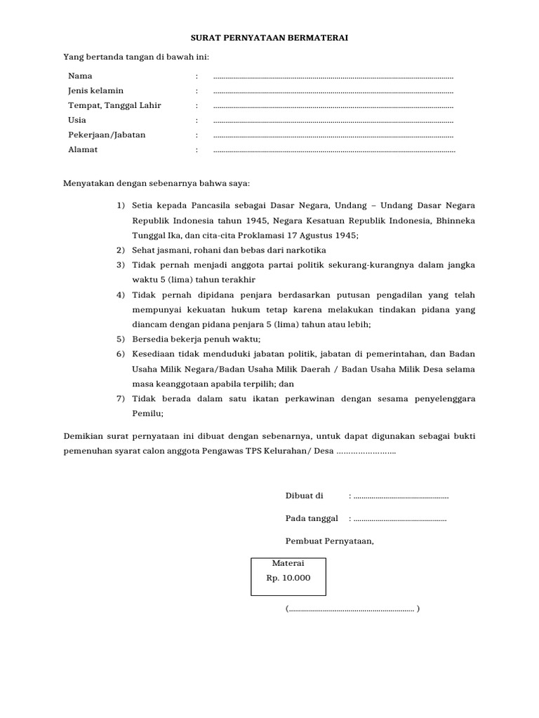Lampiran Surat Pernyataan Bermaterai | PDF