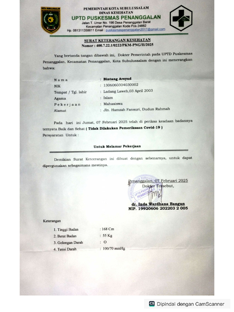 Surat Keterangan Sehat Bintang Arsyad | PDF