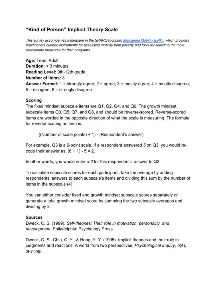 Kind of Person Implicit Theory Scale | PDF