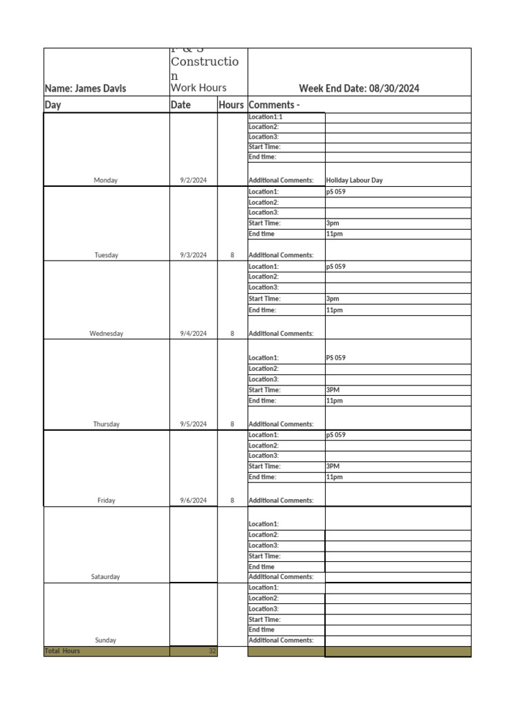 ÷james Davis - 9:6:24 Timesheet | PDF