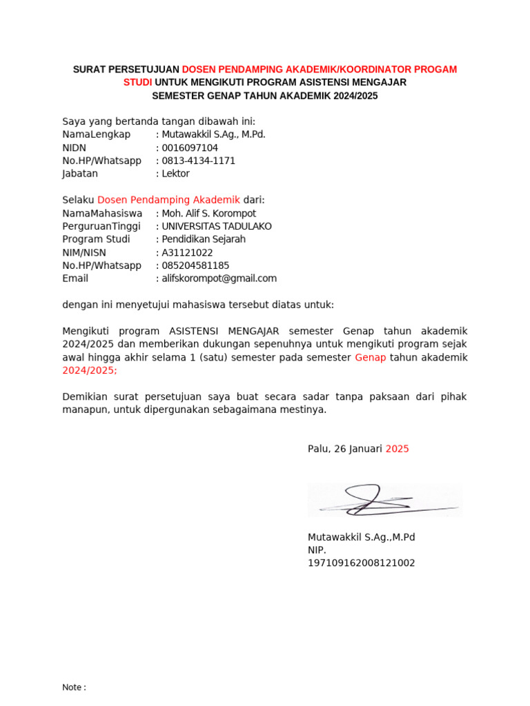 Surat Persetujuan Dosen Pendamping Akademik MBKM 1 | PDF