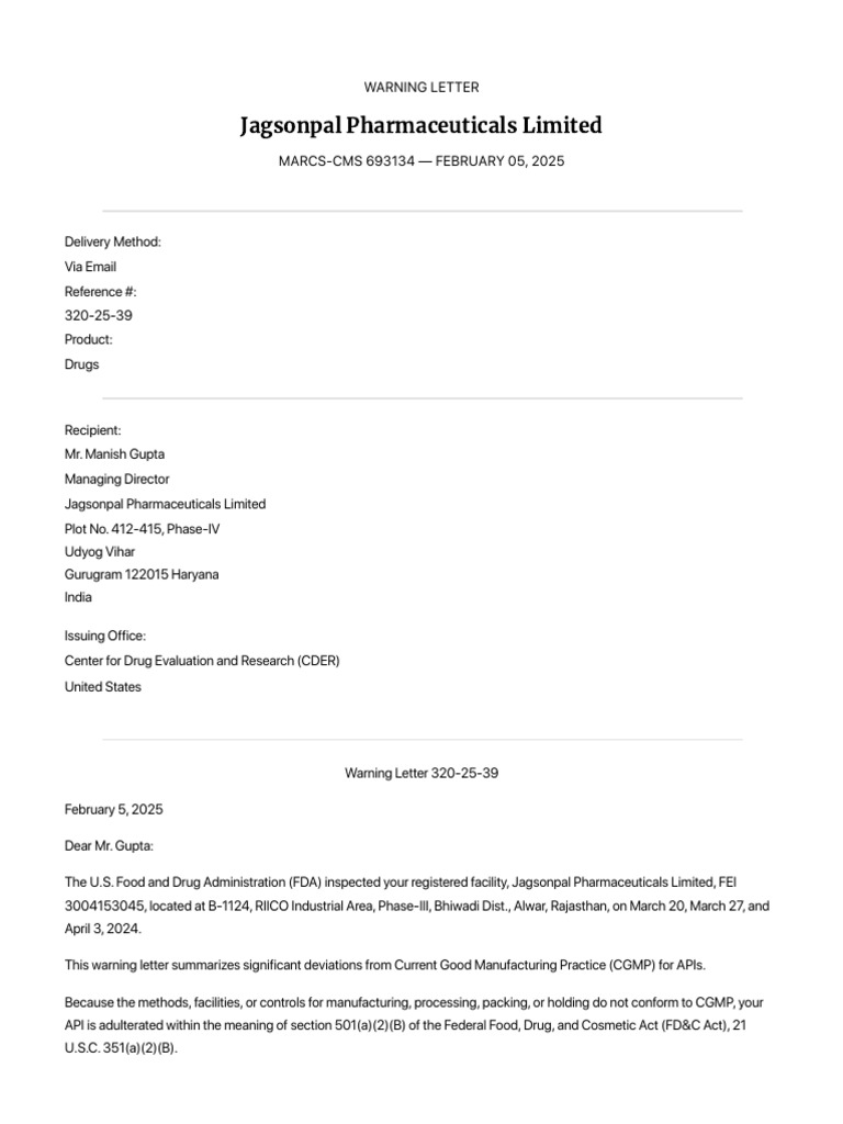 Jagsonpal Pharmaceuticals Limited - 693134 - 02-05-2025 - FDA | PDF ...