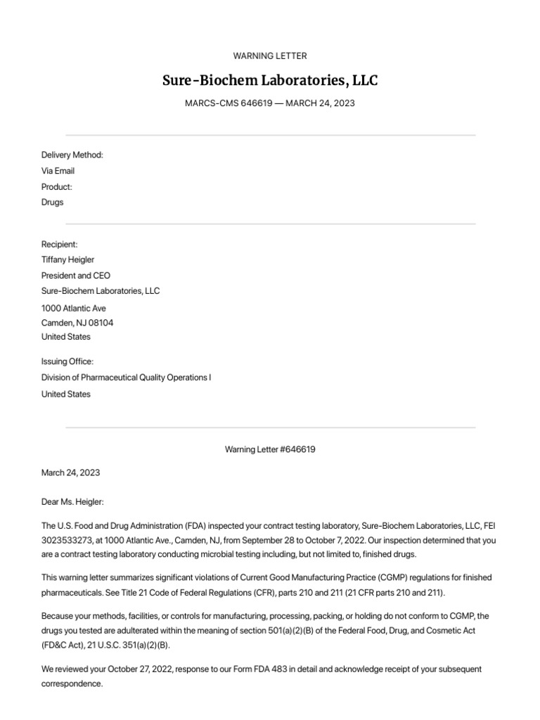 Sure-Biochem Laboratories, LLC - 646619 - 03-24-2023 - FDA Microbiology ...