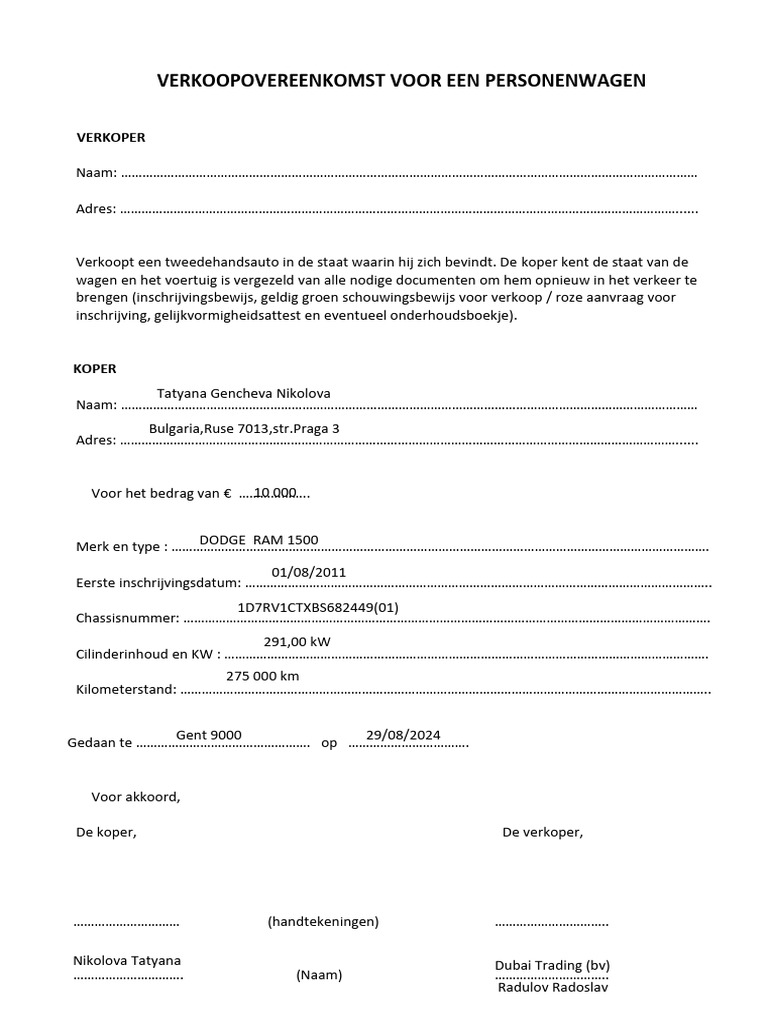 Verkoopsovereenkomst - Auto Dodge Ram | PDF