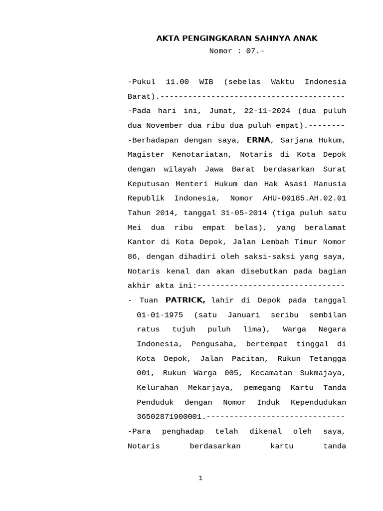 Akta Pengingkaran Anak Tuan Patrick | PDF