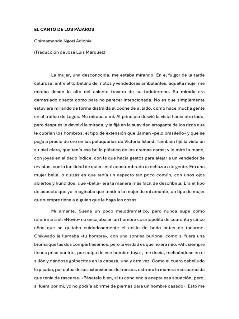 El Canto de Los Pajaros Chimamanda Adichie PDF | PDF | Oración