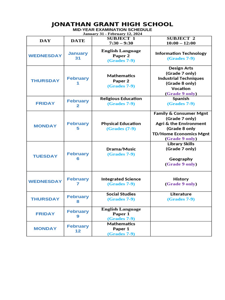 Mid Year Exam Timetable Jan 31 - Feb 12, 2024 | PDF | Educational Stages