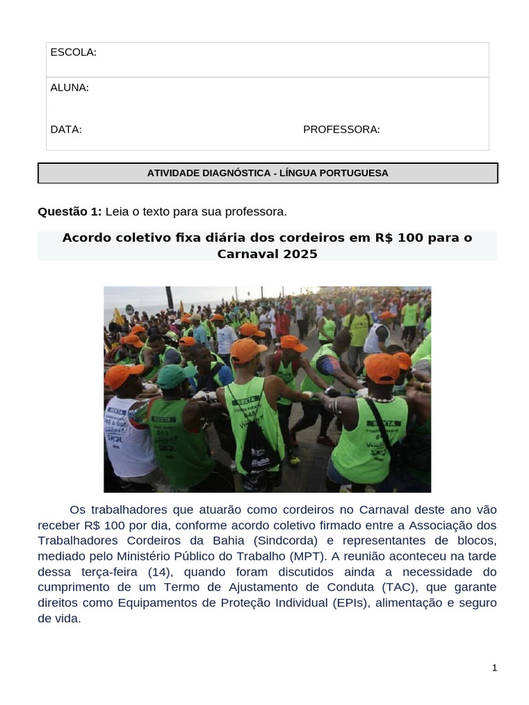 Atividade Diagnóstica TAP III 2025 | PDF | Carnaval