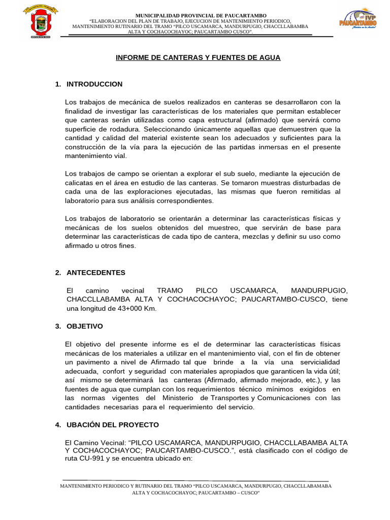 INFORME CANTERA Y AGUA Por Terminar Pilco | PDF | Cantera | Agua