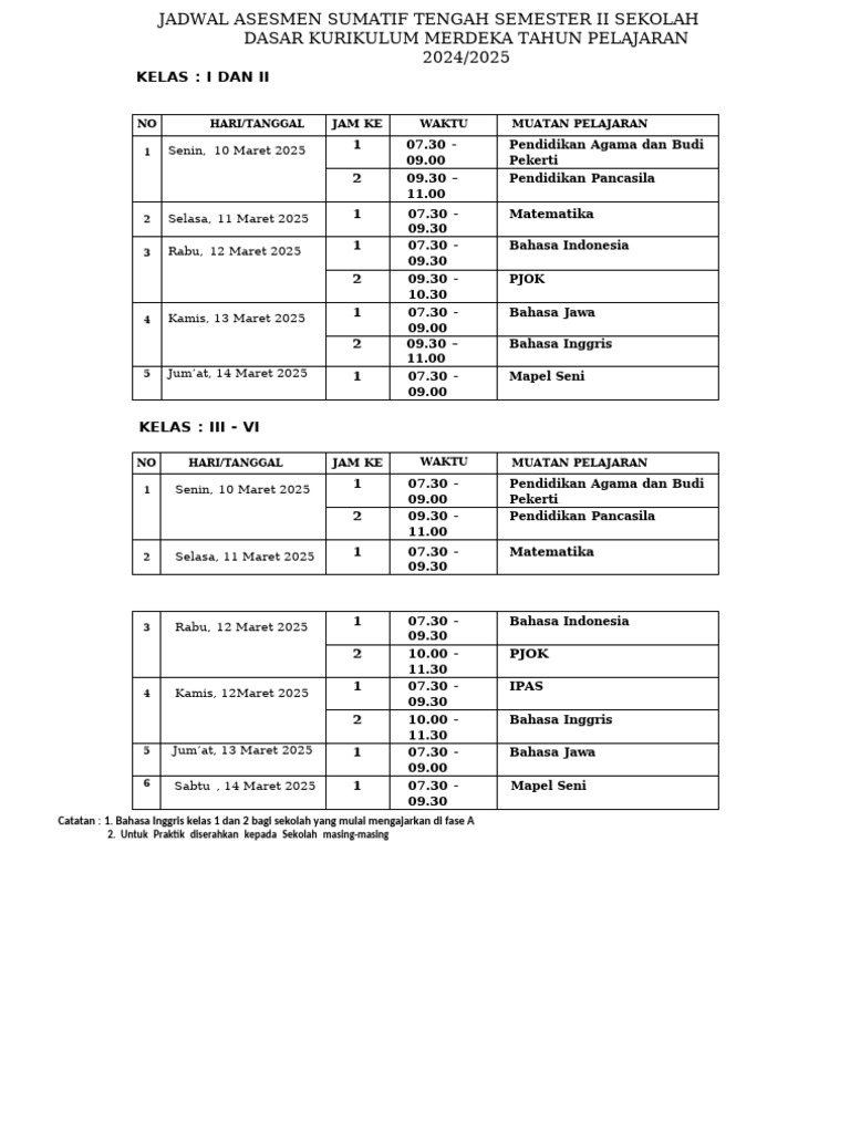 Jadwal Asesmen Sumatif Akhir Semester Genap Sekolah Dasar | PDF