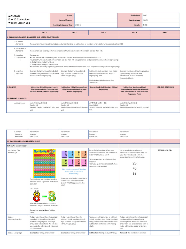 Subtracting 2-Digit Numbers Lesson Plan | PDF | Subtraction ...