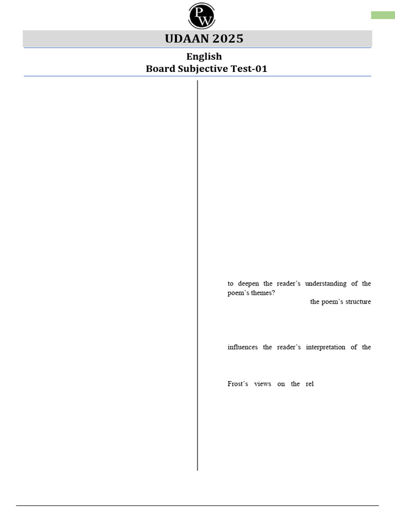 Board Subjective Test-01 - English - Test Paper PDF | PDF | Emotions ...