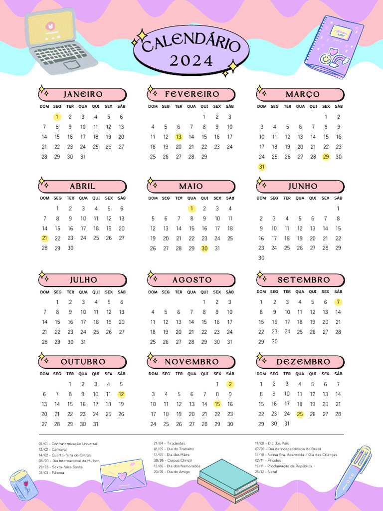 Calendário A4 retrô colorido | PDF