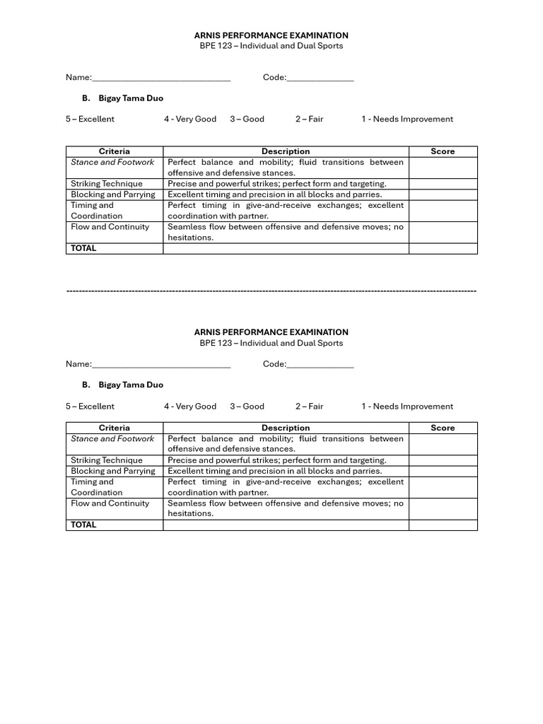 Arnis Performance Exam Criteria Guide | PDF