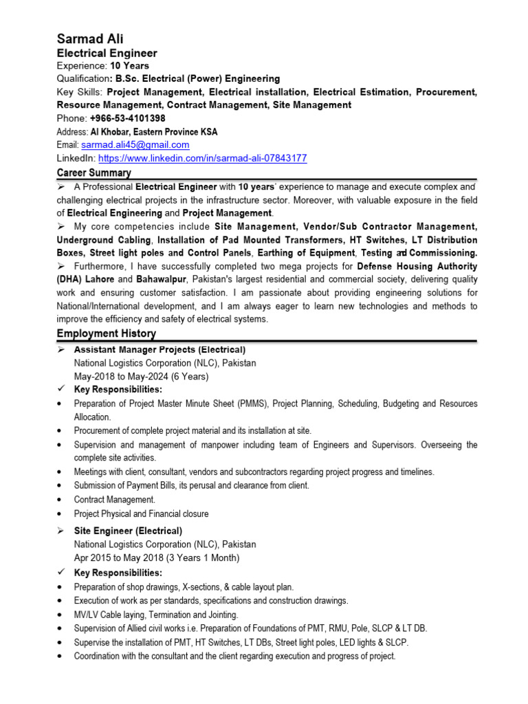 Sarmad Ali-Electrical Engineer | PDF | Project Management | Business