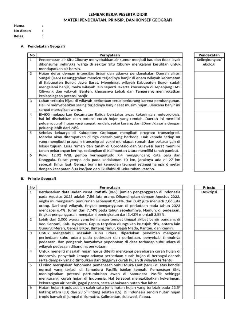 LKPD Pendekatan Prinsip Dan Konsep Geografi X | PDF