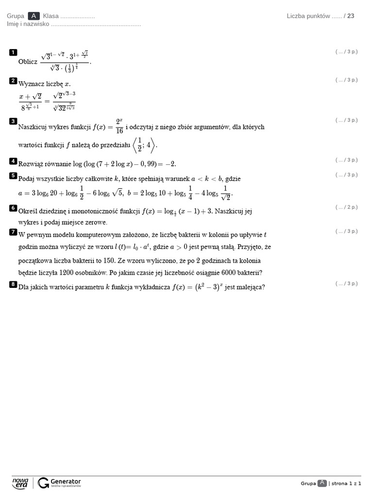 Funkcja Wykładnicza I Funkcja Logarytmiczna - Klasówka (Poziom ...