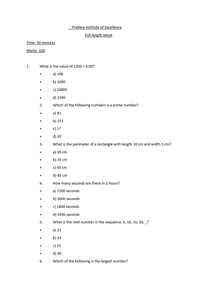 Mock Exam for Math Proficiency | PDF | Elementary Geometry | Mathematics