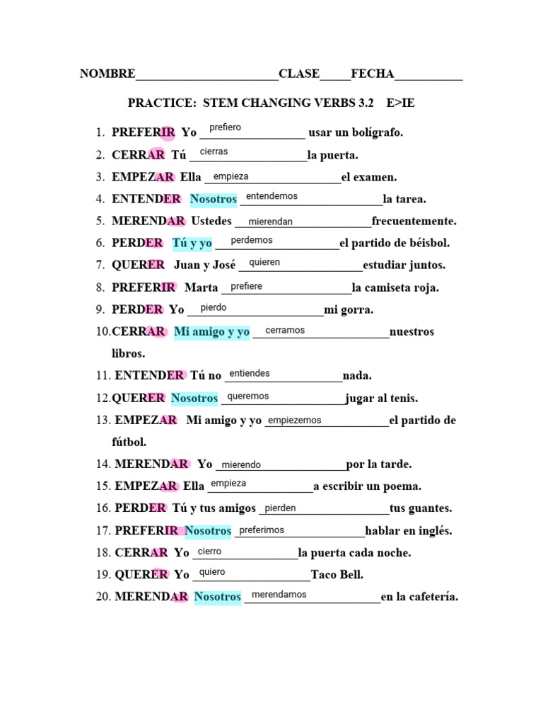 Verbos con cambio de raíz E>IE | PDF