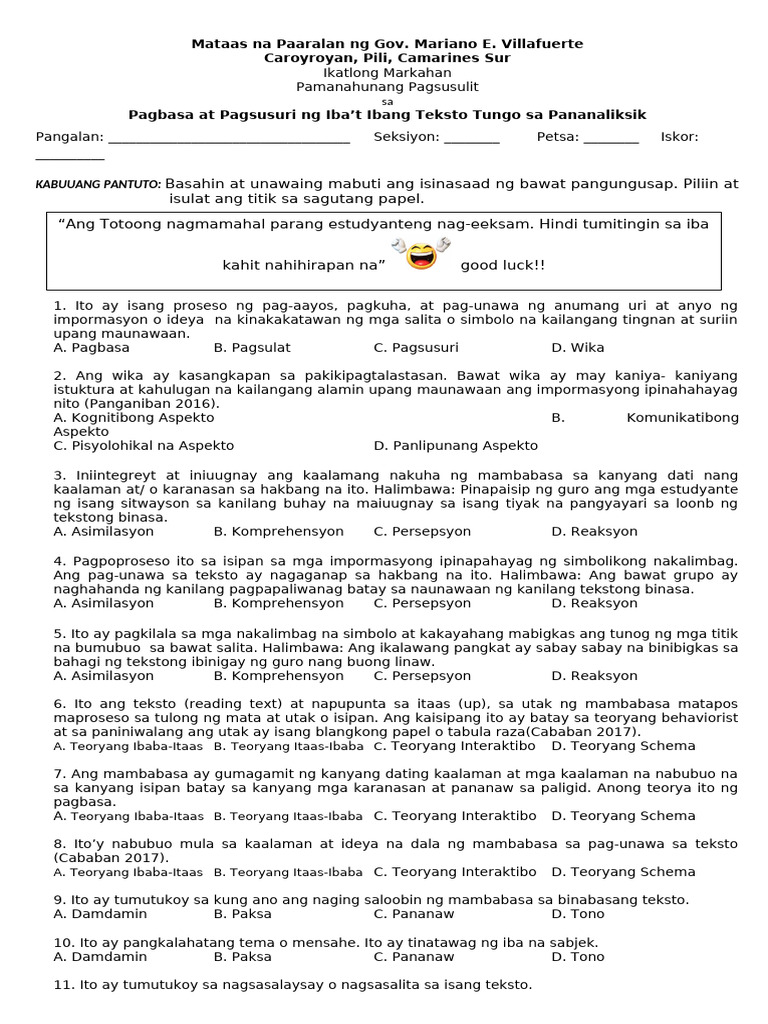 Exam Sa Pagbasa | PDF