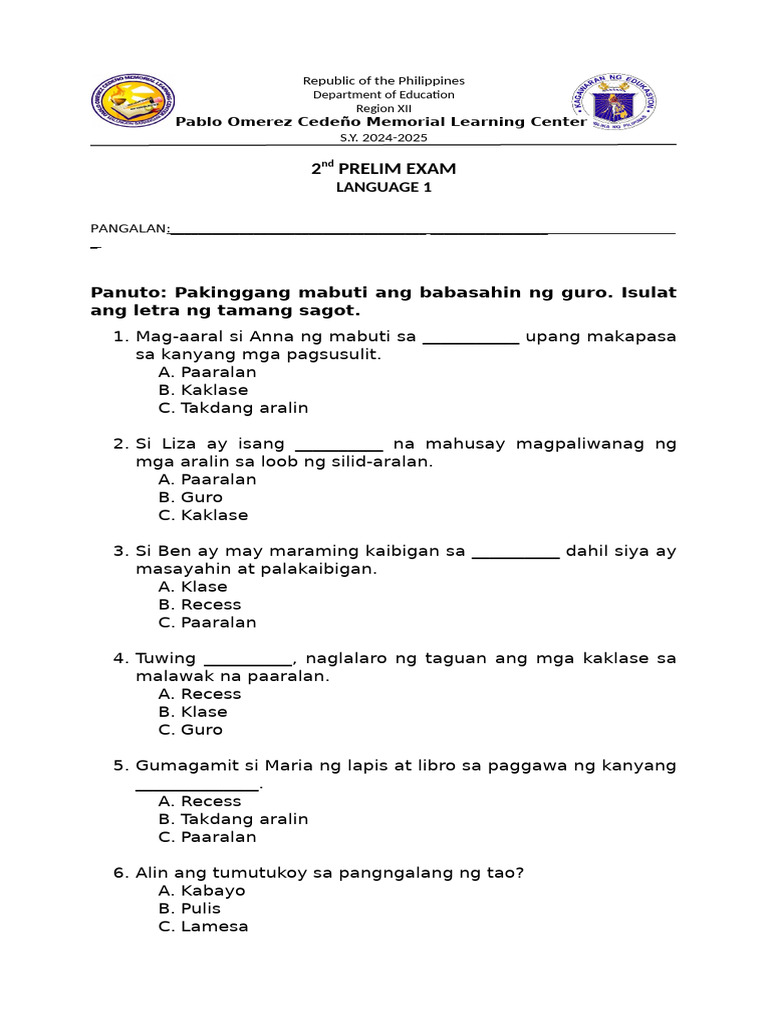 LANGUAGE 2ND PRELIM | PDF