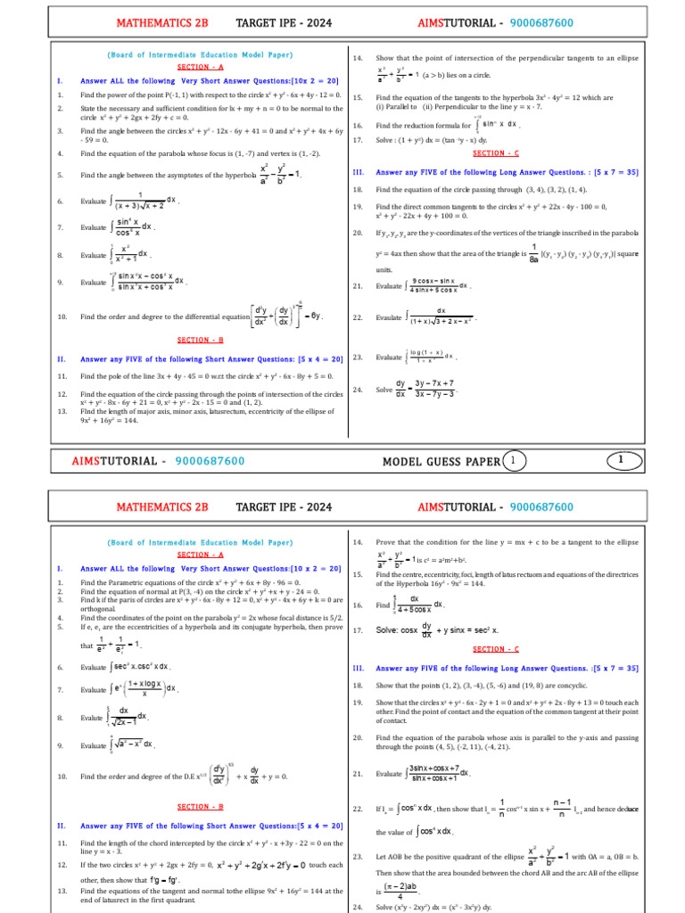 2B Guess Model Papers 2024 AIMSTUTORIAL | PDF | Ellipse | Perpendicular