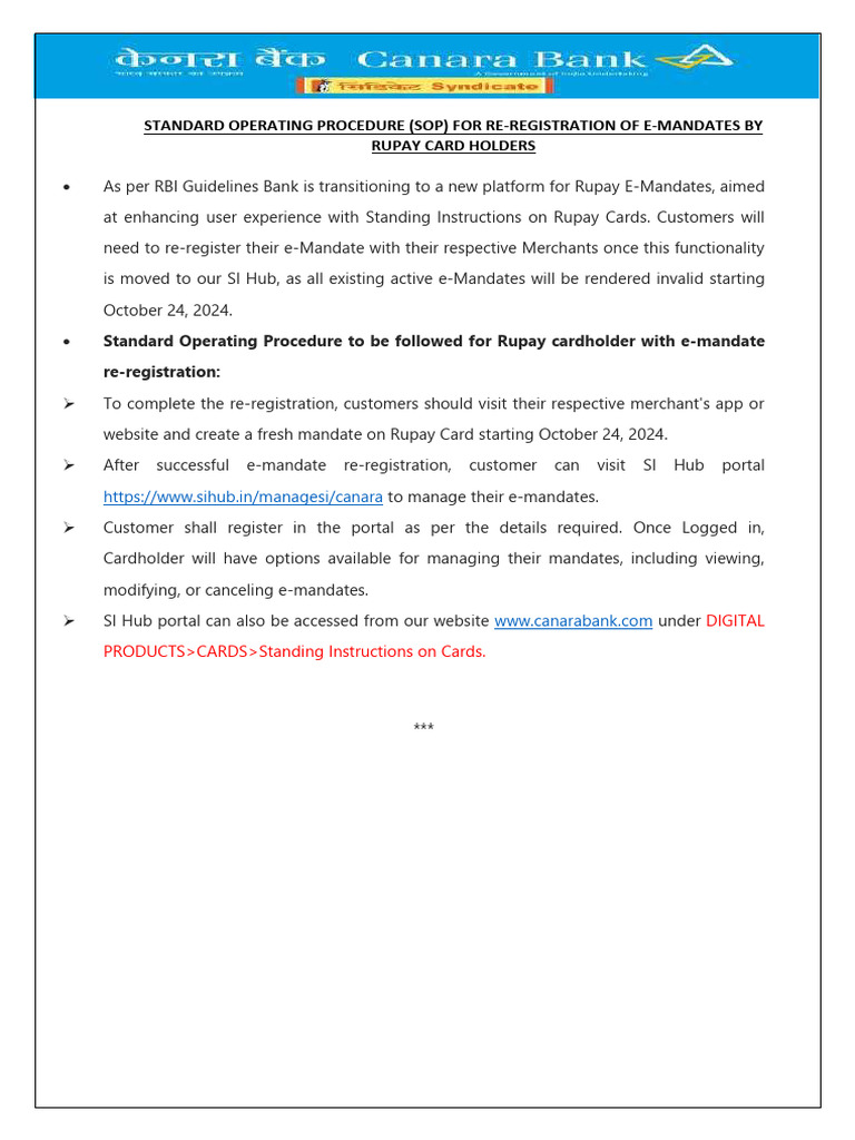 SOP For Re-Registration of E-Mandates by Rupay Card Holders | PDF