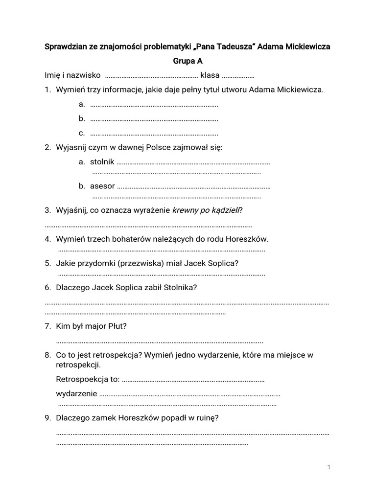 Sprawdzian Ze Znajomości Problematyki Pana Tadeusza | PDF