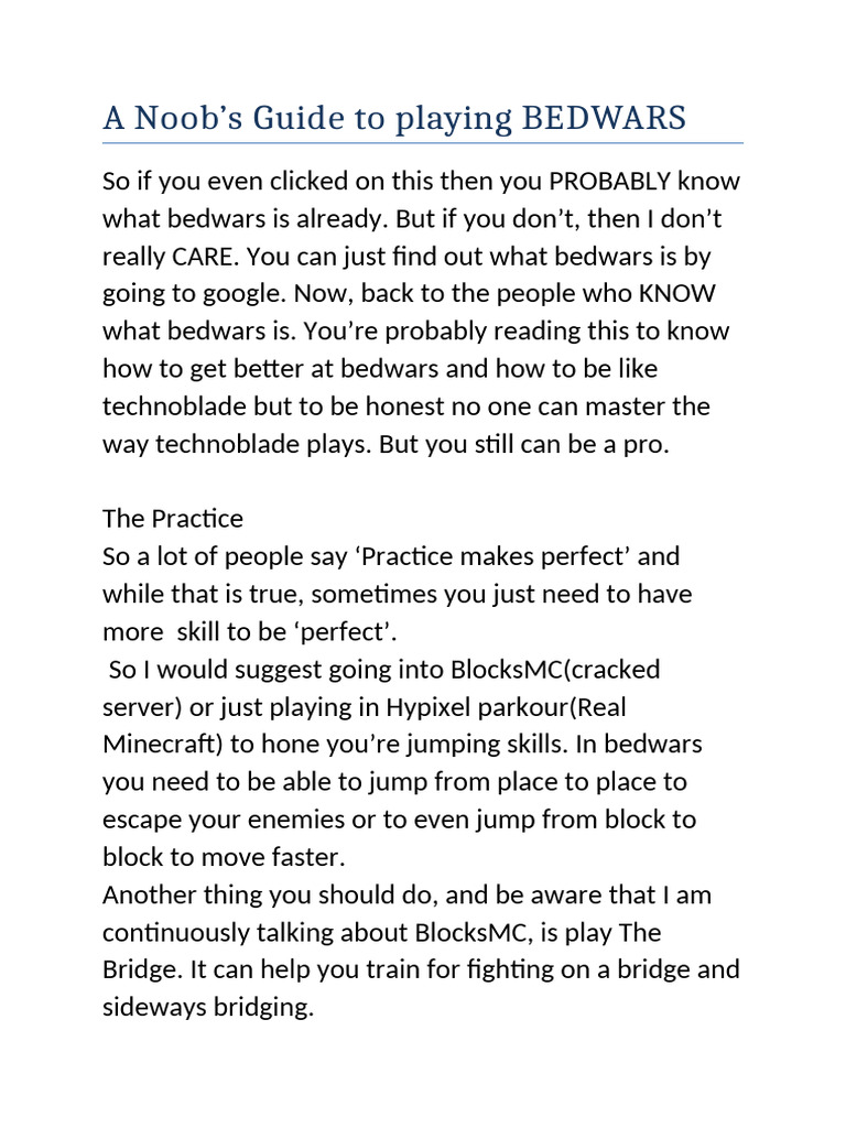 A Noob's Guide To BEDWARS | PDF
